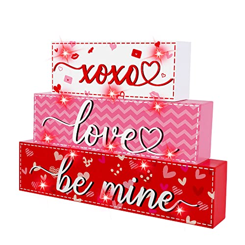 Valentines Day Decor Wooden Block Sign with LED Lights, Valentine Decor Wood Sign for Table Mantle, Valentine Gifts for Her Valentine Farmhouse Battery Operated Wood Sign Tabletop Tiered Tray Decor