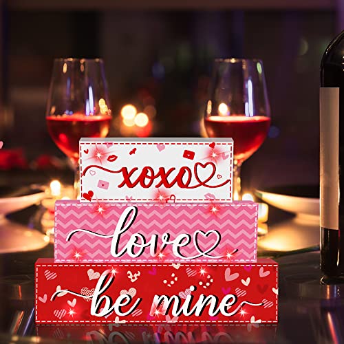 Valentines Day Decor Wooden Block Sign with LED Lights, Valentine Decor Wood Sign for Table Mantle, Valentine Gifts for Her Valentine Farmhouse Battery Operated Wood Sign Tabletop Tiered Tray Decor