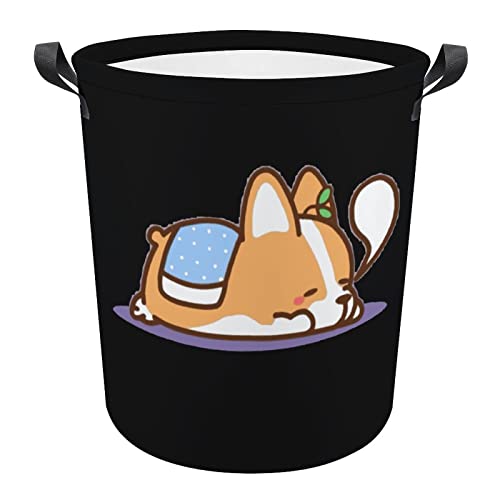 Sleeping Corgi Laundry Hamper Round Canvas Fabric Baskets with Handles Waterproof Collapsible Washing Bin Clothes Bag