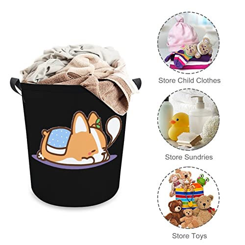 Sleeping Corgi Laundry Hamper Round Canvas Fabric Baskets with Handles Waterproof Collapsible Washing Bin Clothes Bag