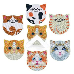 mvvmtop 6 pcs diamond painting coasters with dimensional holder, diy non-slip cat coaster diamond art kits for beginners, kids and adults craft supplies