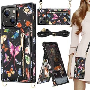 hoggu crossbody iphone 14 case wallet with card holder, floral leather iphone 14 crossbody case with strap, kickstand, zipper purse, protective square phone case cover for women girls-butterfly