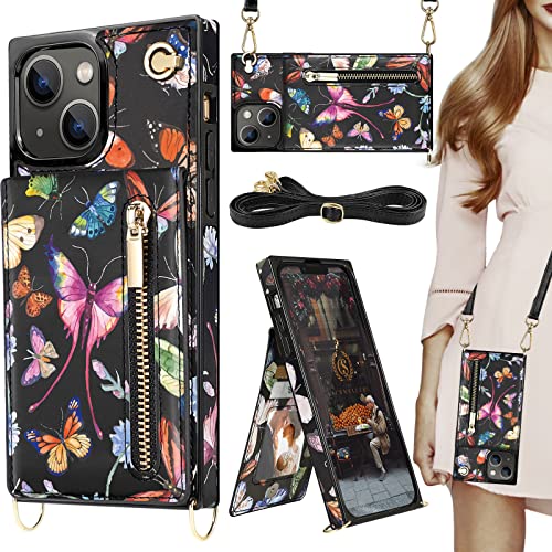 HOGGU Crossbody iPhone 14 Case Wallet with Card Holder, Floral Leather iPhone 14 Crossbody Case with Strap, Kickstand, Zipper Purse, Protective Square Phone Case Cover for Women Girls-Butterfly