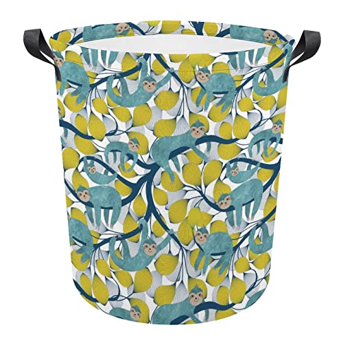 Sloths in Action Laundry Hamper Round Canvas Fabric Baskets with Handles Waterproof Collapsible Washing Bin Clothes Bag