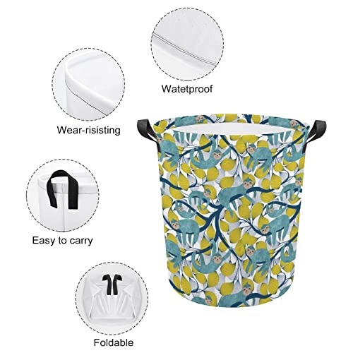 Sloths in Action Laundry Hamper Round Canvas Fabric Baskets with Handles Waterproof Collapsible Washing Bin Clothes Bag