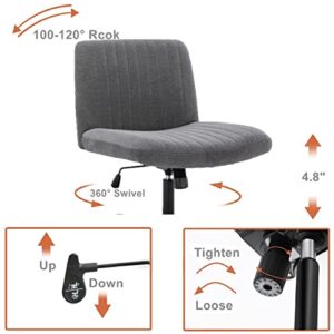 Armless Wide Office Chair No Wheels Fabric Padded Desk Chair Task Vanity Chair Swivel Home Office Desk Chair 120°Rocking Mid Back Ergonomic Computer Chair for Make Up,Small Space, Bed Room(Gray)