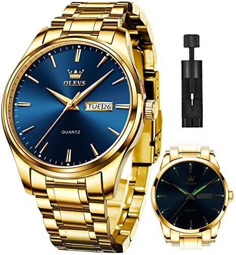 OLEVS Mens Gold Watches Analog Quartz Business Dress Watch Day Date Stainless Steel Classic Luxury Luminous Waterproof Casual Male Wrist Watches Blue Face