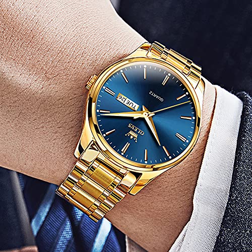 OLEVS Mens Gold Watches Analog Quartz Business Dress Watch Day Date Stainless Steel Classic Luxury Luminous Waterproof Casual Male Wrist Watches Blue Face