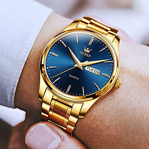 OLEVS Mens Gold Watches Analog Quartz Business Dress Watch Day Date Stainless Steel Classic Luxury Luminous Waterproof Casual Male Wrist Watches Blue Face