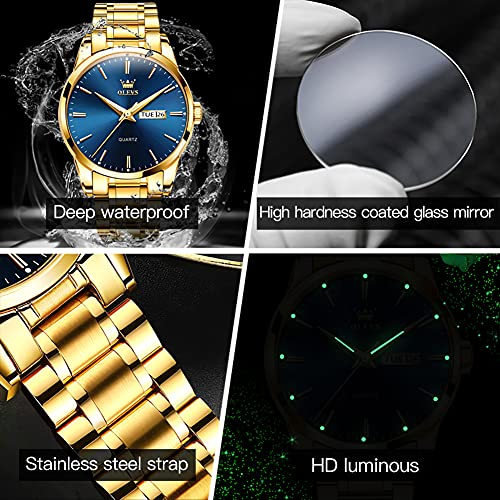 OLEVS Mens Gold Watches Analog Quartz Business Dress Watch Day Date Stainless Steel Classic Luxury Luminous Waterproof Casual Male Wrist Watches Blue Face