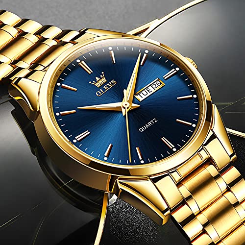 OLEVS Mens Gold Watches Analog Quartz Business Dress Watch Day Date Stainless Steel Classic Luxury Luminous Waterproof Casual Male Wrist Watches Blue Face