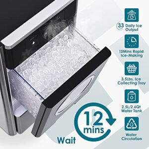 EUHOMY Nugget Ice Maker Countertop, Max 33lbs/24H, 2 Ways Water Refill, LED Light, Self-Cleaning Pebble Ice Maker with Basket and Scoop, for Home/Kitchen/Camping/RV. (Black Silver)