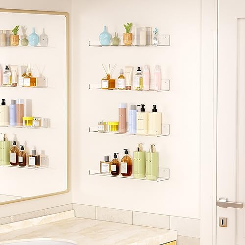 upsimples Clear Acrylic Shelves for Wall Storage, 15" Floating Shelves Wall Mounted, Kids Bookshelf, Display Ledge for Bedroom, Living Room, Bathroom, Kitchen, Set of 6