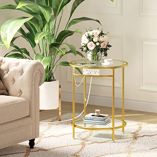 Rolanstar End Table with Charging Station, Round Side Table with Double Glass Shelves & Metal Frame, Small Coffee Accent Table, Modern Nightstand Bedside Table for Living Room, Bedroom, Gold