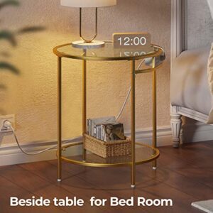 Rolanstar End Table with Charging Station, Round Side Table with Double Glass Shelves & Metal Frame, Small Coffee Accent Table, Modern Nightstand Bedside Table for Living Room, Bedroom, Gold