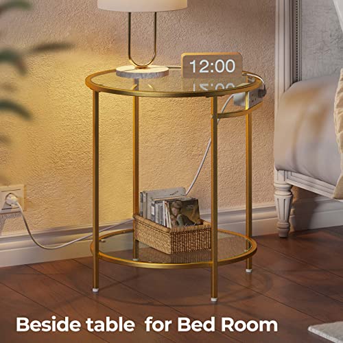 Rolanstar End Table with Charging Station, Round Side Table with Double Glass Shelves & Metal Frame, Small Coffee Accent Table, Modern Nightstand Bedside Table for Living Room, Bedroom, Gold