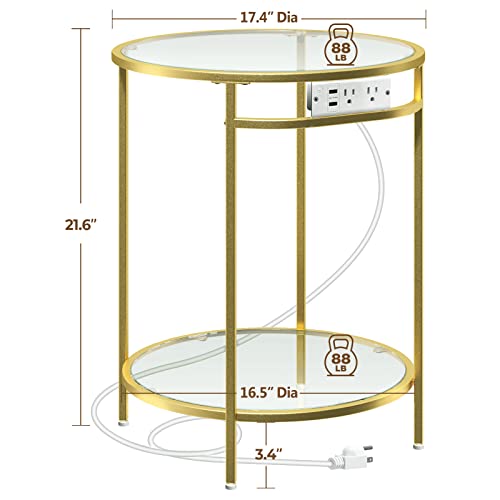 Rolanstar End Table with Charging Station, Round Side Table with Double Glass Shelves & Metal Frame, Small Coffee Accent Table, Modern Nightstand Bedside Table for Living Room, Bedroom, Gold