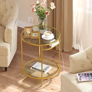 Rolanstar End Table with Charging Station, Round Side Table with Double Glass Shelves & Metal Frame, Small Coffee Accent Table, Modern Nightstand Bedside Table for Living Room, Bedroom, Gold