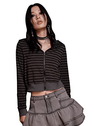 Verdusa Women's Punk Rock Striped Print Zip Up Cropped Hoodie Sweatshirt Shirt Y2K Top Multicolor L