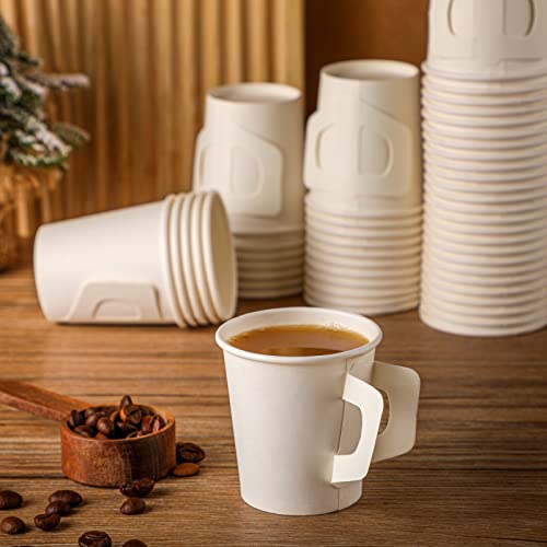 Funtery 200 Count Disposable Tea Cups Paper Tea Cups with Wide Comfort Handles Disposable Espresso Paper Cup with Handle 4 oz Paper Cups for Coffee Tea Cocoa Juice and More