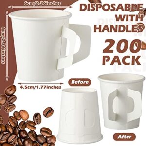 Funtery 200 Count Disposable Tea Cups Paper Tea Cups with Wide Comfort Handles Disposable Espresso Paper Cup with Handle 4 oz Paper Cups for Coffee Tea Cocoa Juice and More