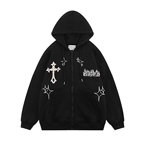 GIRSARRDER Zip Up Hoodies Womens Men Jackets Loose Fit Y2k Star and Cross Graphic Print Sweatshirt Gothic Oversized Jackets A-Black