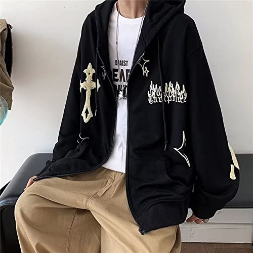 GIRSARRDER Zip Up Hoodies Womens Men Jackets Loose Fit Y2k Star and Cross Graphic Print Sweatshirt Gothic Oversized Jackets A-Black