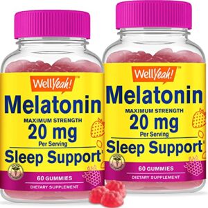 wellyeah melatonin gummies 20mg (2 pack) - naturally sourced flavors - drug-free gummy supplement - gluten free and gelatin free, vegetarian - 60 gummies