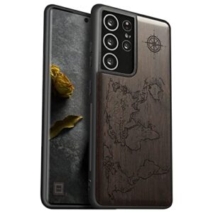 carveit wood case for galaxy s21 ultra case [natural wood & black soft tpu] shockproof protective cover unique & classy wooden case compatible with samsung s21 ultra 5g (compass maps-blackwood)