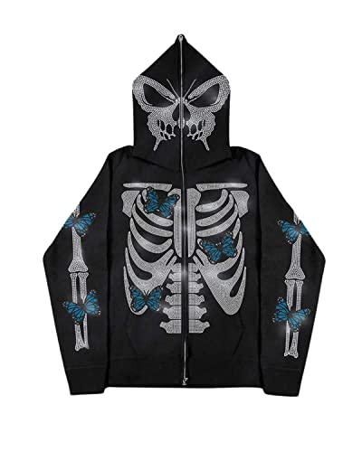 YAHUIUL Skeleton Hoodie Y2k Hoodie Hoodies Y2k Sp5der Hoodie Y2k Jacket Chrome Hearts Hoodie Skeleton Jacket Rhinestone Hoodie Full Zip Hoodie Y2k Jackets Y2k Zip up Hoodie Skeleton Rhinestone Jacket