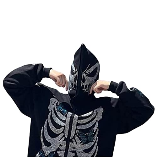 YAHUIUL Skeleton Hoodie Y2k Hoodie Hoodies Y2k Sp5der Hoodie Y2k Jacket Chrome Hearts Hoodie Skeleton Jacket Rhinestone Hoodie Full Zip Hoodie Y2k Jackets Y2k Zip up Hoodie Skeleton Rhinestone Jacket