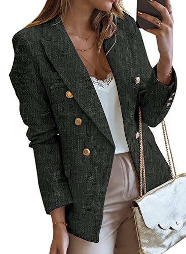 Happy Sailed Womens Tweed Blazer Jackets Fashion Double Breasted Lapel Collar Business Blazers with Pockets Long Sleeve Open Front Office Professional Blazer Work Suits 2023 Black Large