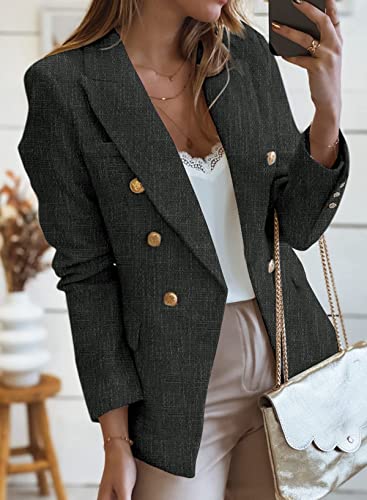 Happy Sailed Womens Tweed Blazer Jackets Fashion Double Breasted Lapel Collar Business Blazers with Pockets Long Sleeve Open Front Office Professional Blazer Work Suits 2023 Black Large