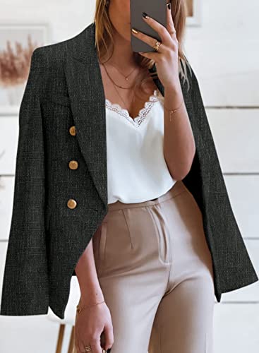 Happy Sailed Womens Tweed Blazer Jackets Fashion Double Breasted Lapel Collar Business Blazers with Pockets Long Sleeve Open Front Office Professional Blazer Work Suits 2023 Black Large