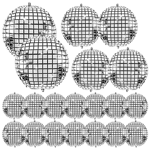 WXJ13 20 Pack Big Disco Ball Balloons for 3 Different Sizes, 32” 22” 10‘’ 4D Large Disco Balloons Round Metallic Silver Disco Mylar Foil Balloons for 70s 80s Disco Party Decorations