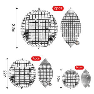 WXJ13 20 Pack Big Disco Ball Balloons for 3 Different Sizes, 32” 22” 10‘’ 4D Large Disco Balloons Round Metallic Silver Disco Mylar Foil Balloons for 70s 80s Disco Party Decorations