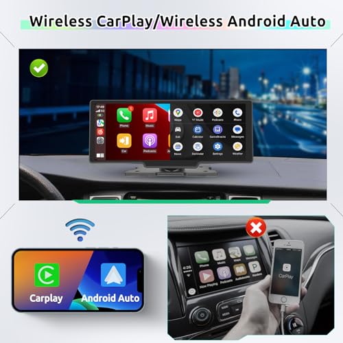 Podofo Portable Car Stereo Wireless Carplay/Android Auto with Dash Cam, 9.3" HD IPS Touch Screen Car Play Radio Audio Receiver, 1080P Backup Camera, Navigation/Bluetooth/FM Transmitter/AUX/TF Card