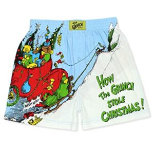 Dr. Seuss How The Grinch Stole Christmas Men's Button Fly Boxer Shorts (Small, Blue)