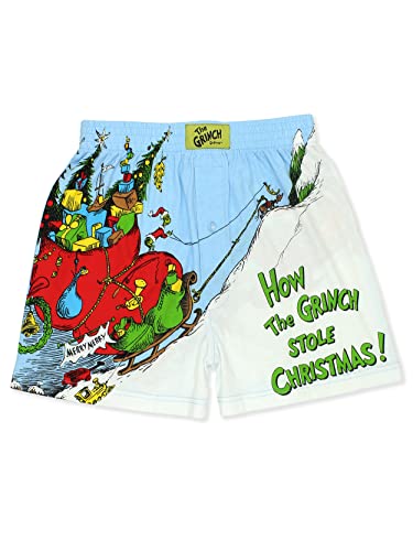 Dr. Seuss How The Grinch Stole Christmas Men's Button Fly Boxer Shorts (Small, Blue)