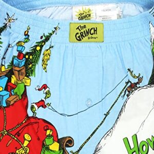 Dr. Seuss How The Grinch Stole Christmas Men's Button Fly Boxer Shorts (Small, Blue)