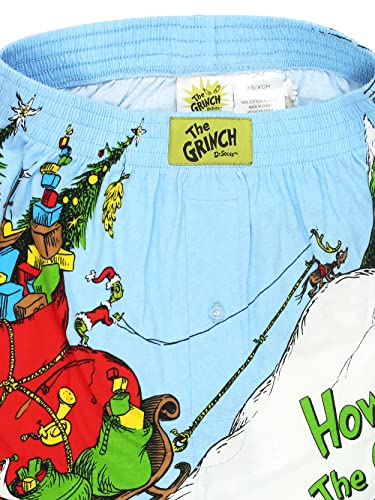 Dr. Seuss How The Grinch Stole Christmas Men's Button Fly Boxer Shorts (Small, Blue)