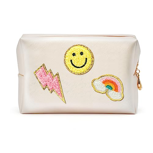 LieToi Preppy Patch Cosmetic Toiletry Bag, PU Leather Portable Waterproof Makeup Bag Smile Lightning Rainbow Organizer Compliant Bag Daily Travel Use Storage Purse for Women Girls (Large, Shell White)