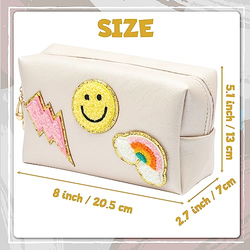 LieToi Preppy Patch Cosmetic Toiletry Bag, PU Leather Portable Waterproof Makeup Bag Smile Lightning Rainbow Organizer Compliant Bag Daily Travel Use Storage Purse for Women Girls (Large, Shell White)