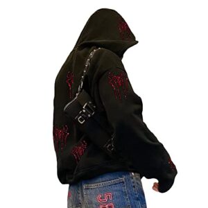 Lnzyyephy Men Womens Skeleton Zip Up Hoodie Y2k Oversized Rhinestone Skull Hooded Graphic Sweatshirt Fall Thin Aesthetic Jackets (A-Black Red Spider, S)