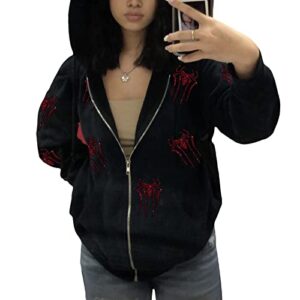 Lnzyyephy Men Womens Skeleton Zip Up Hoodie Y2k Oversized Rhinestone Skull Hooded Graphic Sweatshirt Fall Thin Aesthetic Jackets (A-Black Red Spider, S)