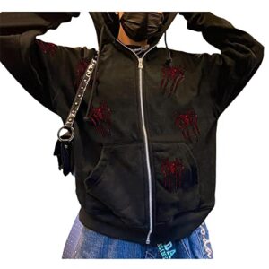 Lnzyyephy Men Womens Skeleton Zip Up Hoodie Y2k Oversized Rhinestone Skull Hooded Graphic Sweatshirt Fall Thin Aesthetic Jackets (A-Black Red Spider, S)