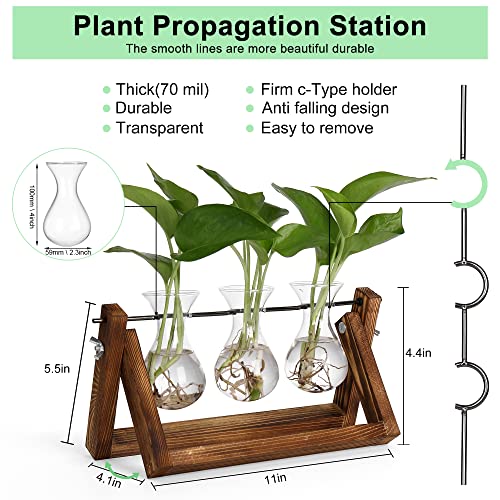 YIBOT Plants Propagation Stations Birthday Gift for Women Plant Terrarium with Wooden Stand for Hydroponics Plants Home Garden Office Decor - 3 Glass Vase