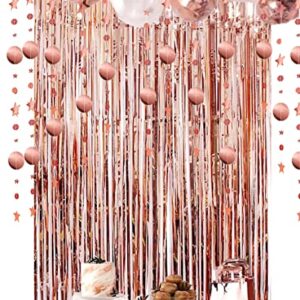 6.6x8.2 Feet Rose Gold Fringe Curtain Backdrop with 26.2 Feet Circle Star Garland for Birthday Bachelorette Bride Baby Shower Party Decorations