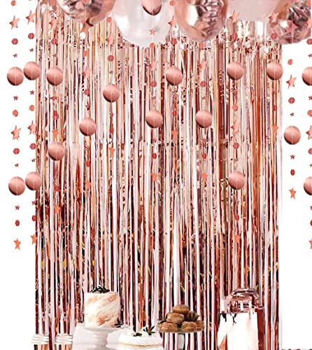 6.6x8.2 Feet Rose Gold Fringe Curtain Backdrop with 26.2 Feet Circle Star Garland for Birthday Bachelorette Bride Baby Shower Party Decorations