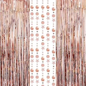 6.6x8.2 feet rose gold fringe curtain backdrop with 26.2 feet circle star garland for birthday bachelorette bride baby shower party decorations